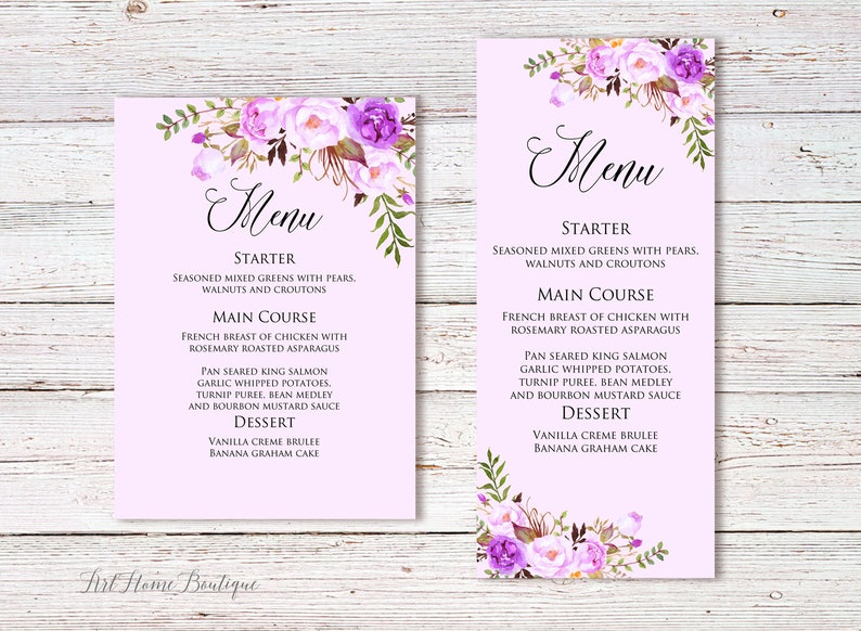 Purple Menu Card Birthday Menu Printable Floral Menu Cards - Etsy