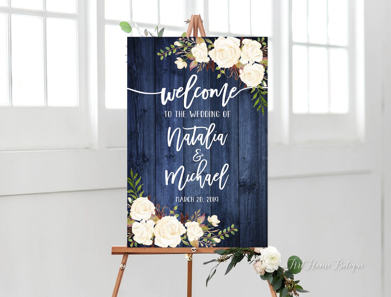 Rustic Wedding Welcome Sign White Flowers Rustic Navy - Etsy