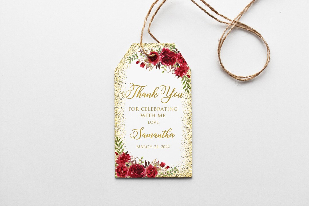 Red Thank You Tags, Red and Gold Favor Tags, Red Birthday Party Favor ...