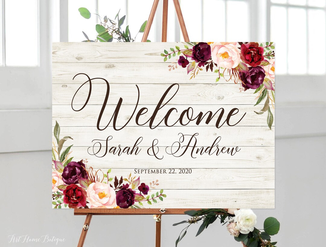 Rustic Welcome Wedding Sign, Burgundy Wedding Sign, Welcome to Our ...