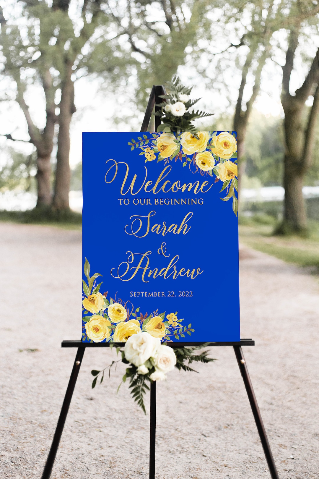 Welcome to Our Beginning Sign, Royal Blue and Yellow Welcome Wedding ...