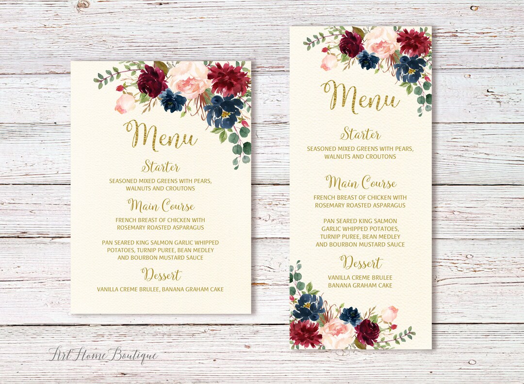 Menu Card, Wedding Menu, Birthday Menu Printable, Floral Ivory Menu ...