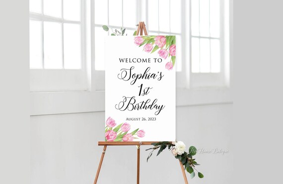 1st Birthday Welcome Sign Pink Tulips Birthday Welcome Sign | Etsy