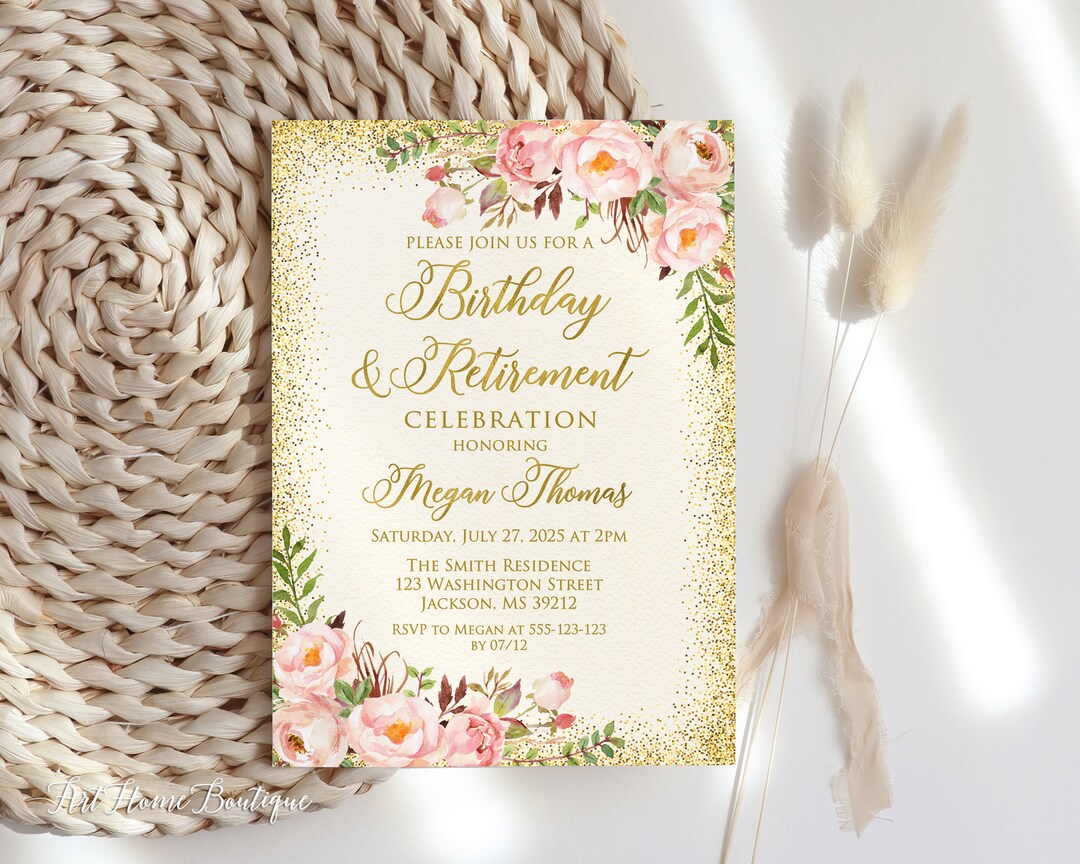 Birthday and Retirement Party Invitation, Blush Gold Retirement ...