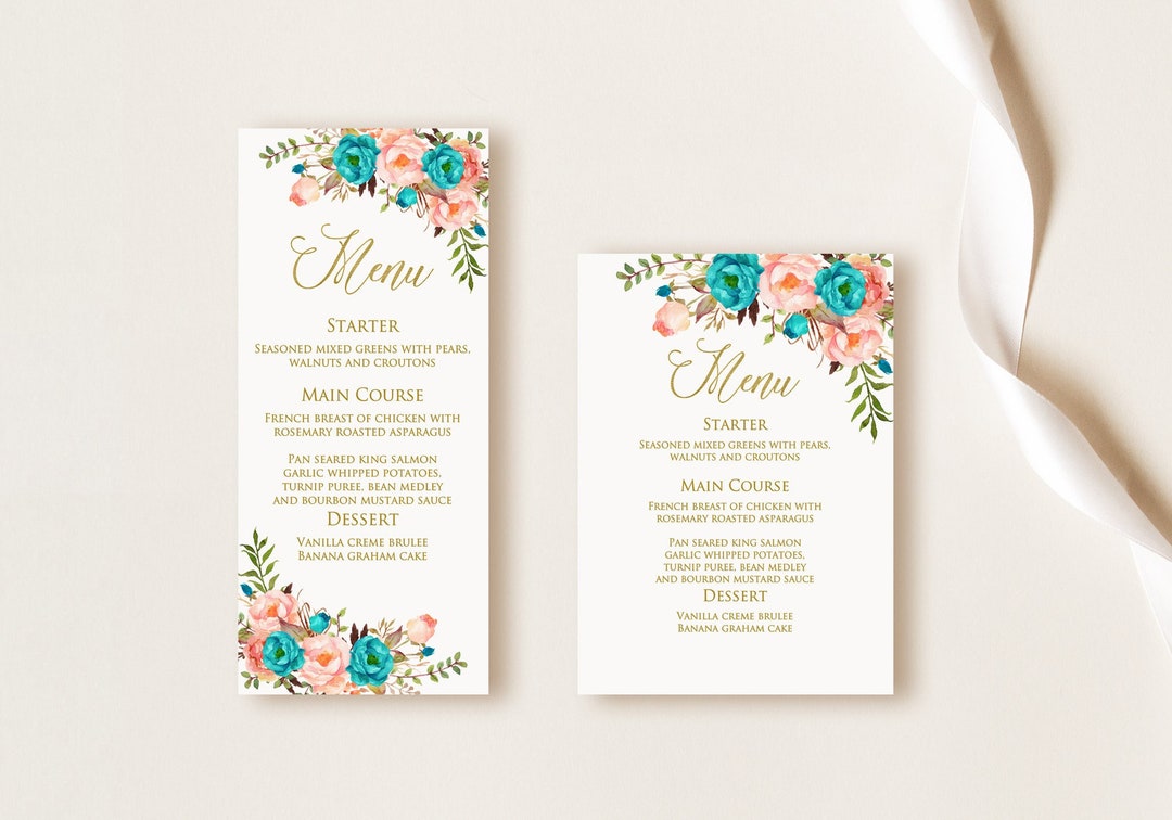 Teal Coral Menu Card, Teal Wedding Menu, Birthday Menu Printable ...