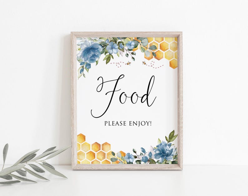 Honey Bee Food Sign, Dusty Blue Floral Food Table Sign, Digital File ...