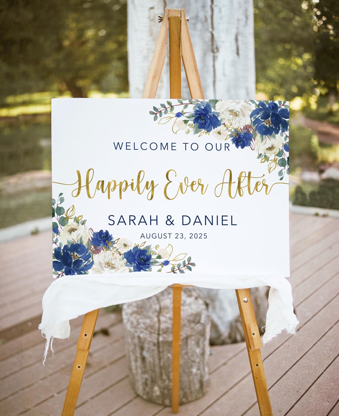 Floral Blue Welcome to Our Happily Ever After Sign, Blue Wedding ...