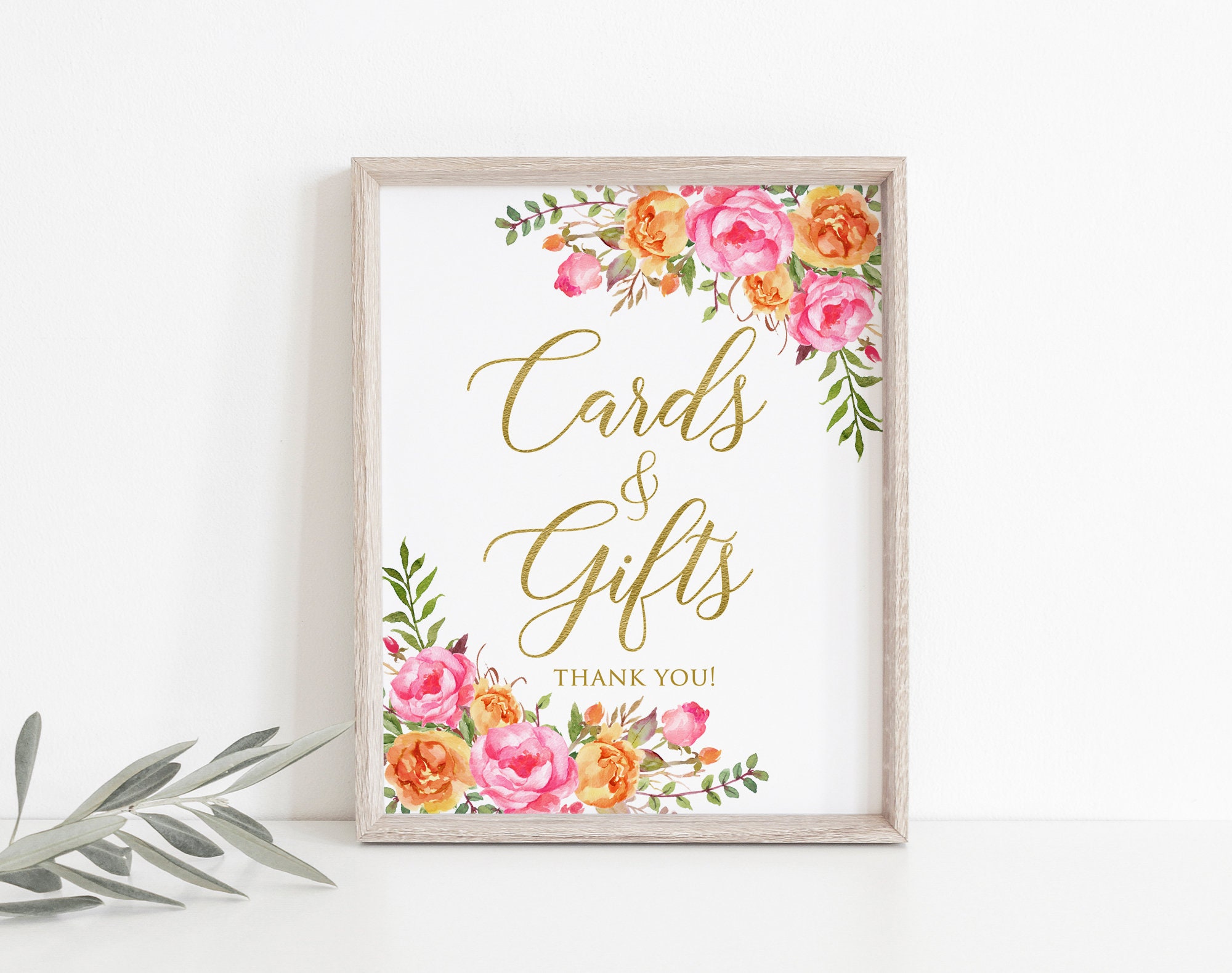 Hot Pink Orange Cards and Gifts Sign, Gift Table Sign, Floral Printable ...
