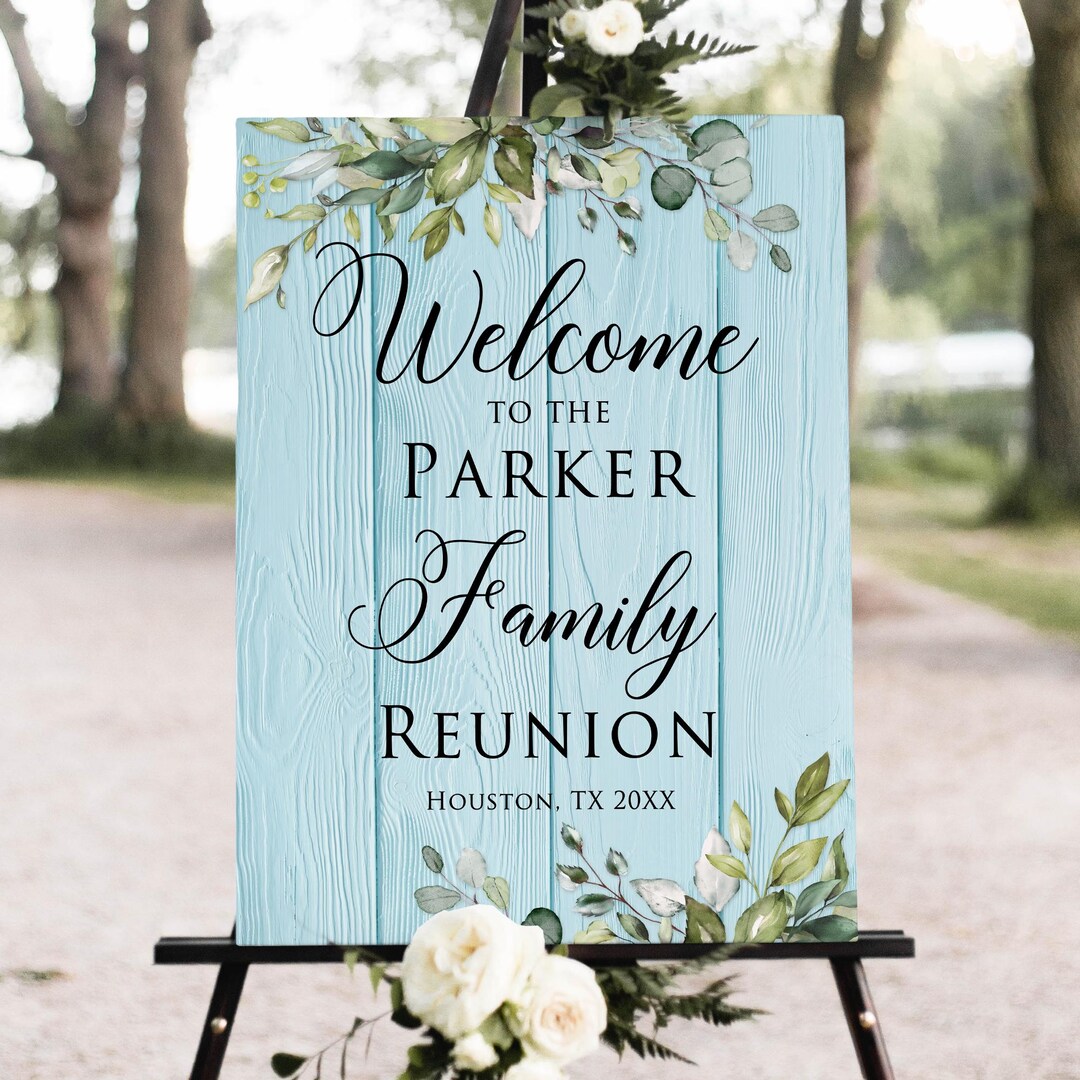 Light Blue Rustic Family Reunion Welcome Sign, Greenery Welcome Sign ...
