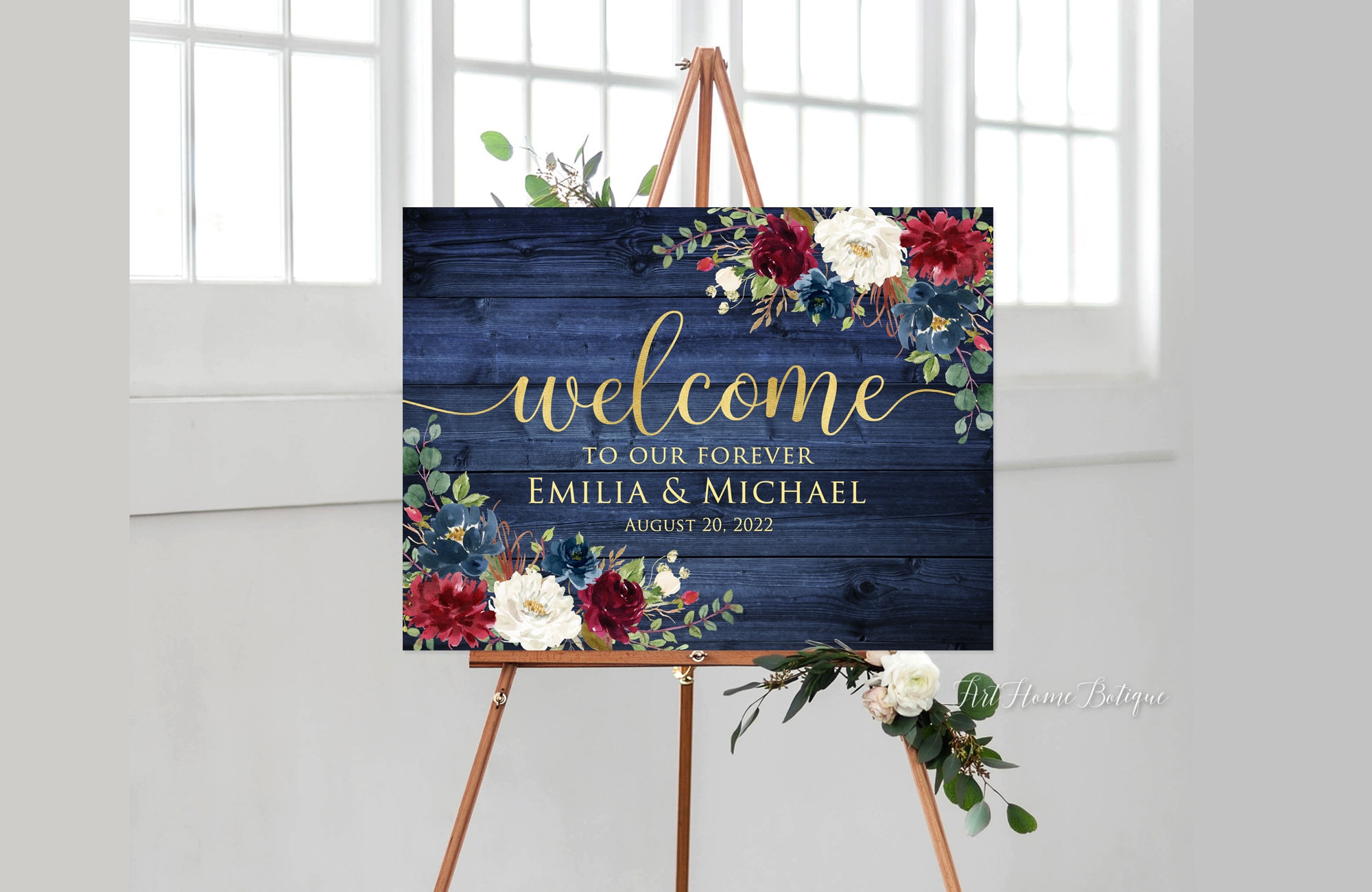 Navy Rustic Welcome to Our Forever Sign, Navy and Burgundy Wedding Sign ...