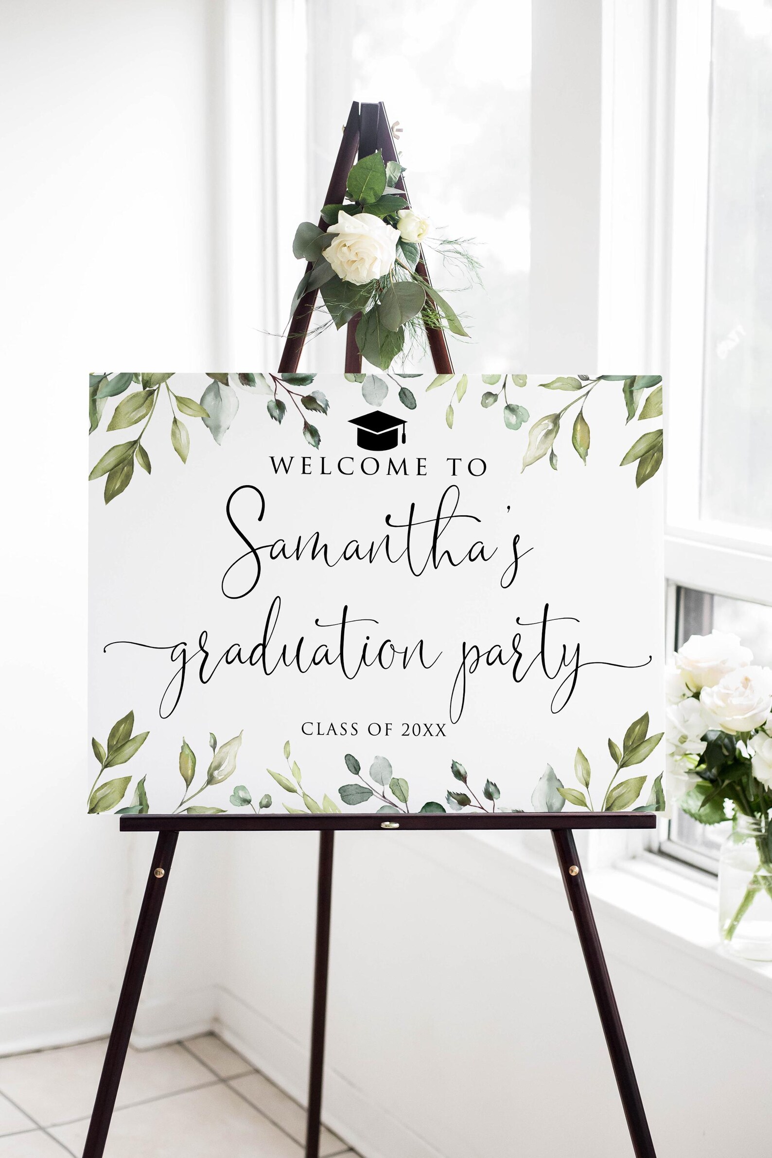 Printed or Digital Greenery Graduation Welcome Sign, Grad Party Decor ...