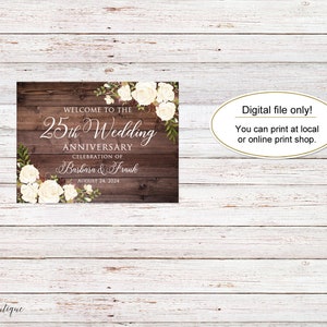 Rustic 25th Anniversary Welcome Sign, White Roses Anniversary Sign ...