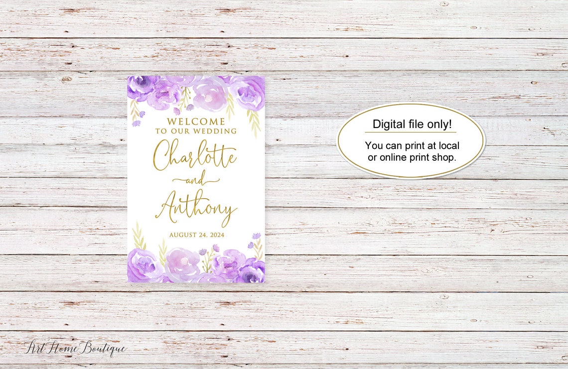 Purple Gold Wedding Welcome Sign, Lavender Wedding Sign, Purple Welcome ...