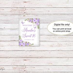 Purple Sweet 16 Welcome Sign, Butterfly Birthday, Floral Purple Sweet ...