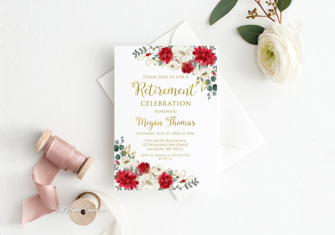 Red and Gold Retirement Party Invitation, Red Gold Retirement ...