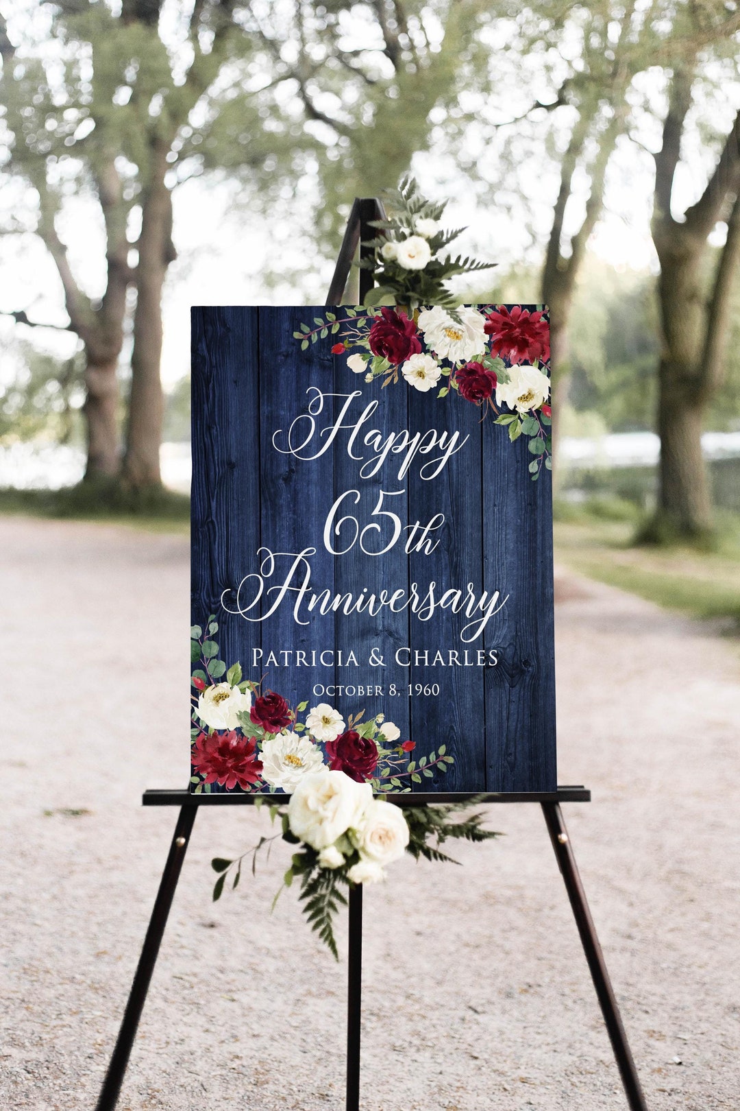 65th Anniversary Welcome Sign, Rustic Navy Wedding Anniversary Sign ...
