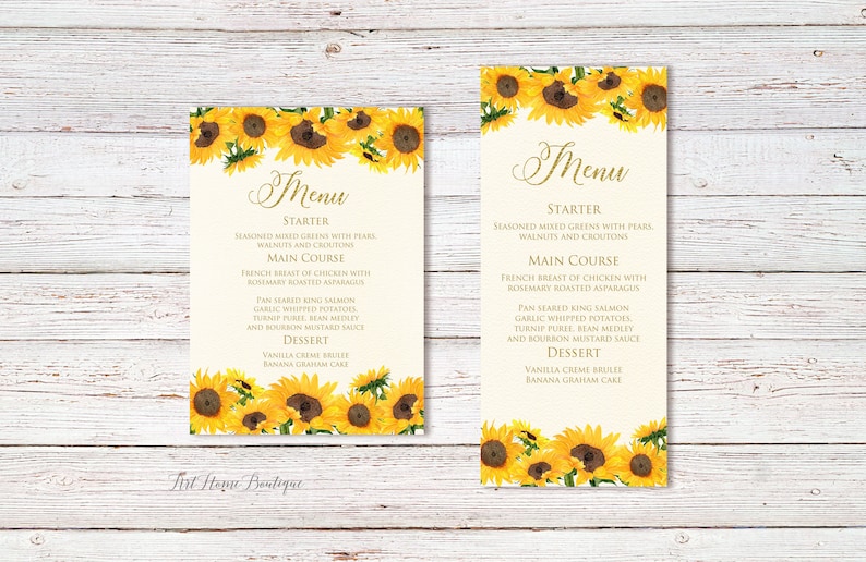 Sunflowers Menu Card, Birthday Menu Printable, Sunflower Wedding Menu ...