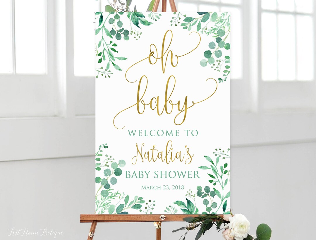Mint and Gold Baby Shower Welcome Sign, Greenery Oh Baby Welcome Sign ...
