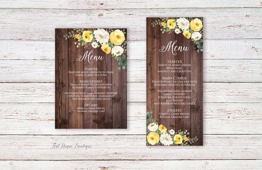 Rustic Yellow Menu Card, Yellow Wedding Menu Card, Birthday Menu ...