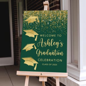 Hunter Green Graduation Party Welcome Sign, Gold Confetti Graduation ...