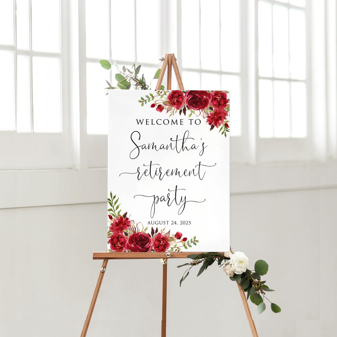 Red Retirement Party Welcome Sign, Greenery Retirement Celebration ...