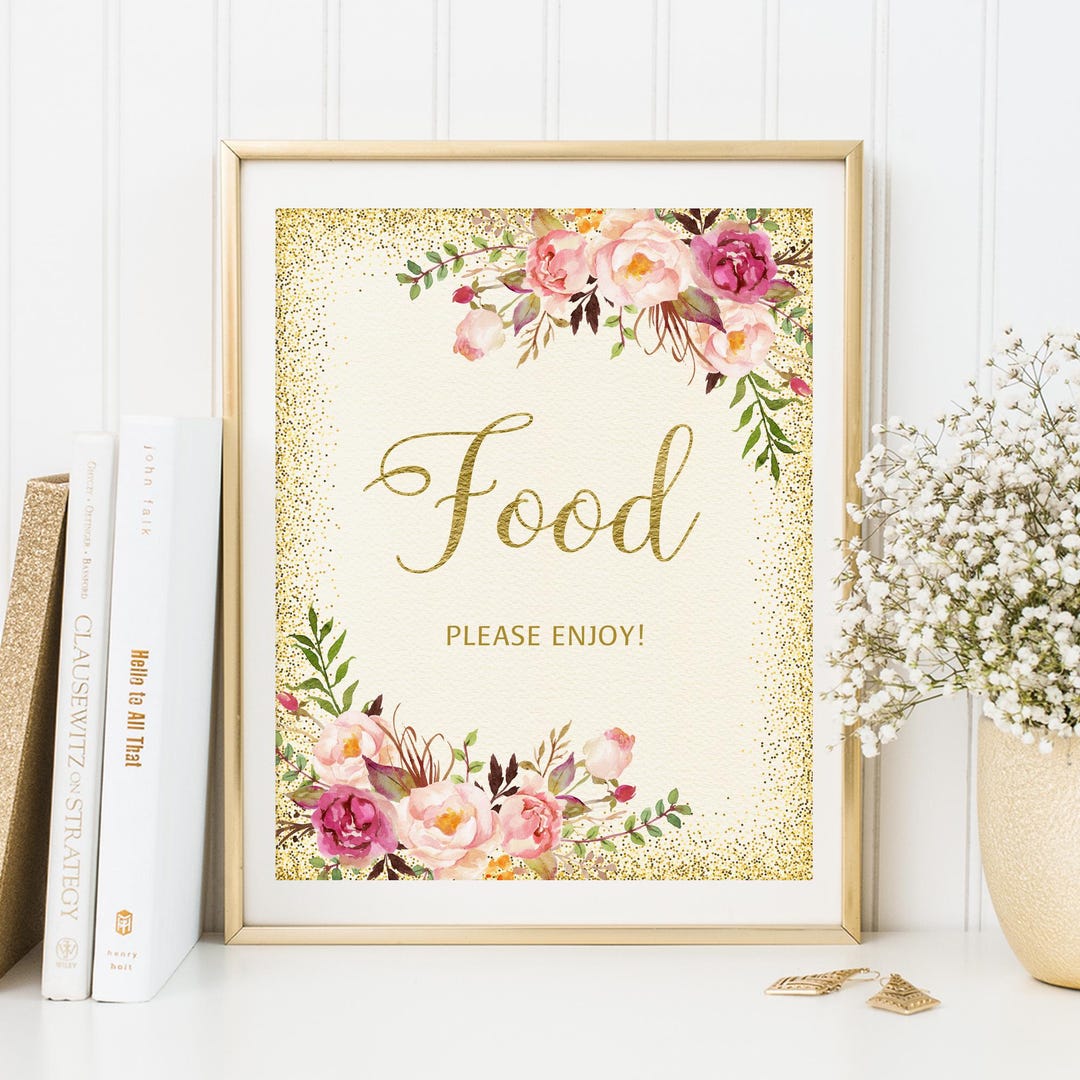 Food Sign, Floral Food Table Sign, Please Enjoy, Ivory and Gold Floral ...