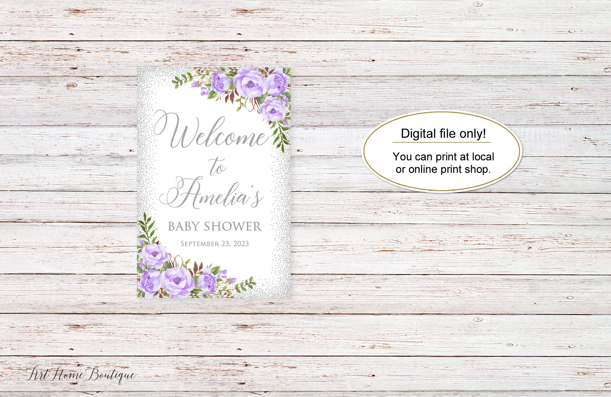 Purple Baby Shower Welcome Sign, Purple Silver Welcome Sign, Digital ...