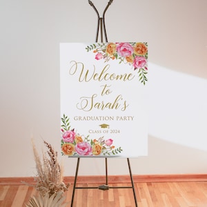 Hot Pink Orange Graduation Party Welcome Sign, Floral Grad Party Decor ...