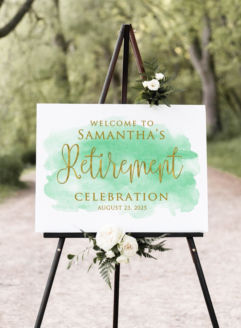 Green Retirement Celebration Sign, Green Watercolor Retirement Welcome ...