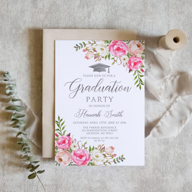 Hot Pink Floral Graduation Invitation, Pink and Silver Graduation ...