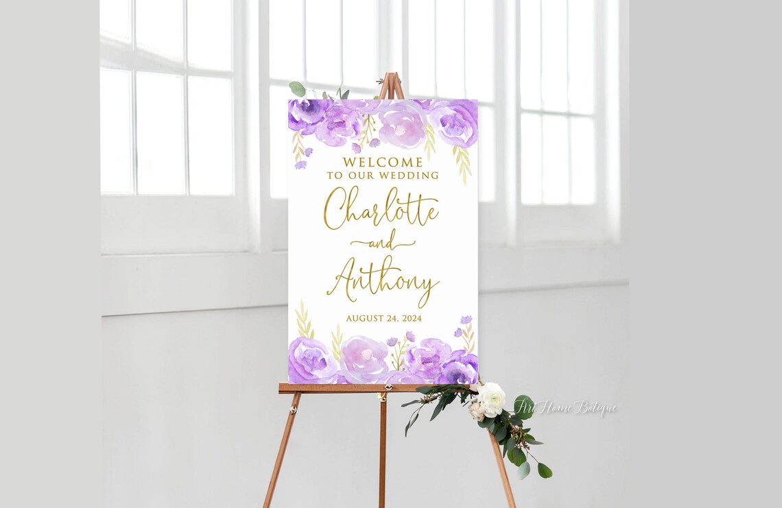 Purple Gold Wedding Welcome Sign, Lavender Wedding Sign, Purple Welcome ...
