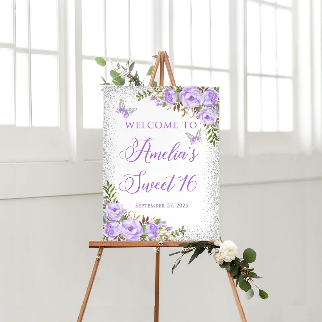 Purple Sweet 16 Welcome Sign, Butterfly Birthday, Floral Purple Sweet ...