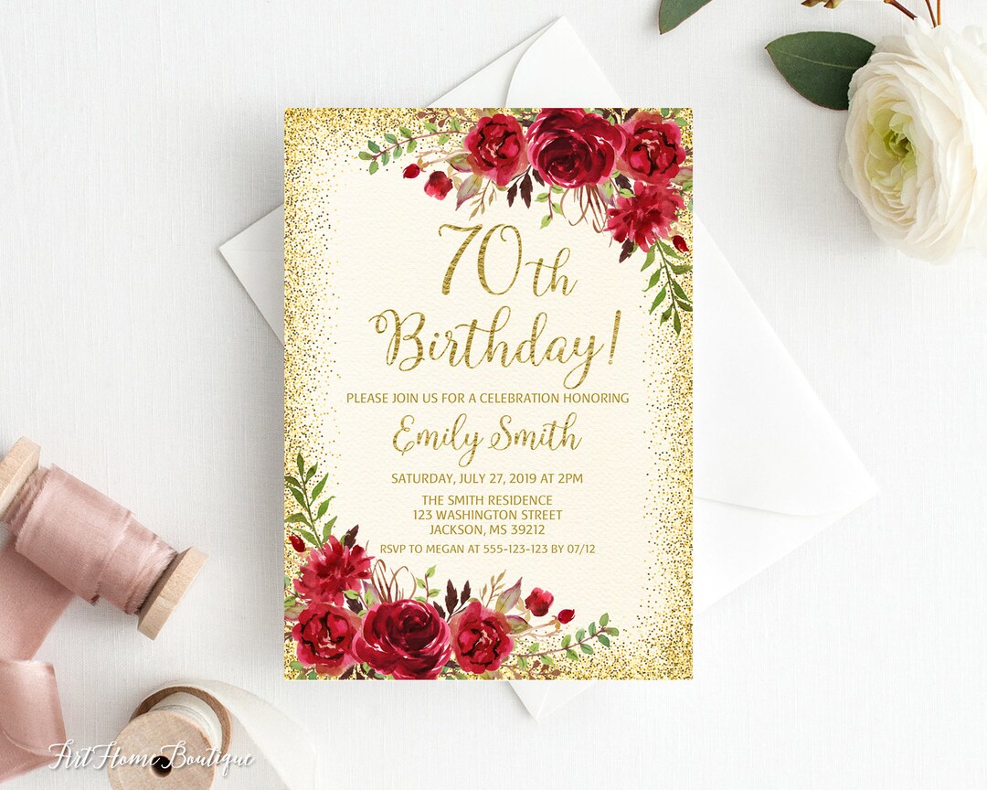 70th Birthday Invitation, Any Age Ivory Birthday Invitation, Red ...