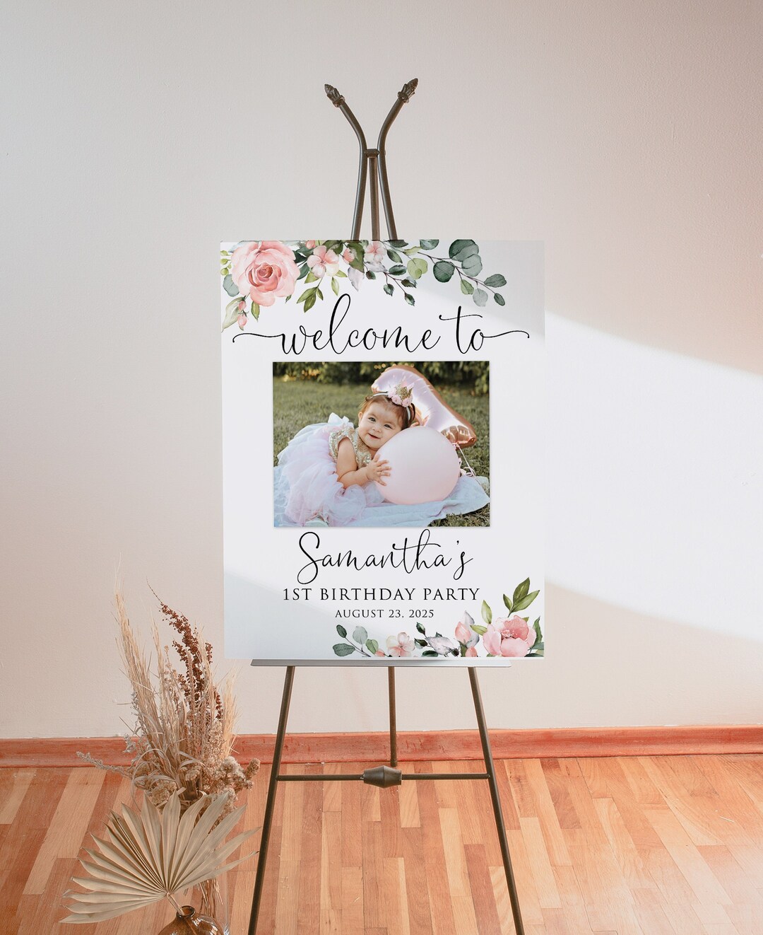 1st Birthday Welcome Sign With Photo, Pink Birthday Welcome Sign, First ...