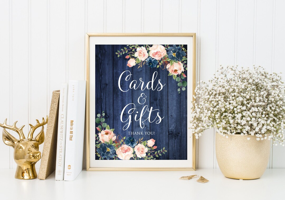 Rustic Navy Cards and Gifts Sign, Floral Wedding Sign, Gift Table Sign, Navy Decor, Blush and ...