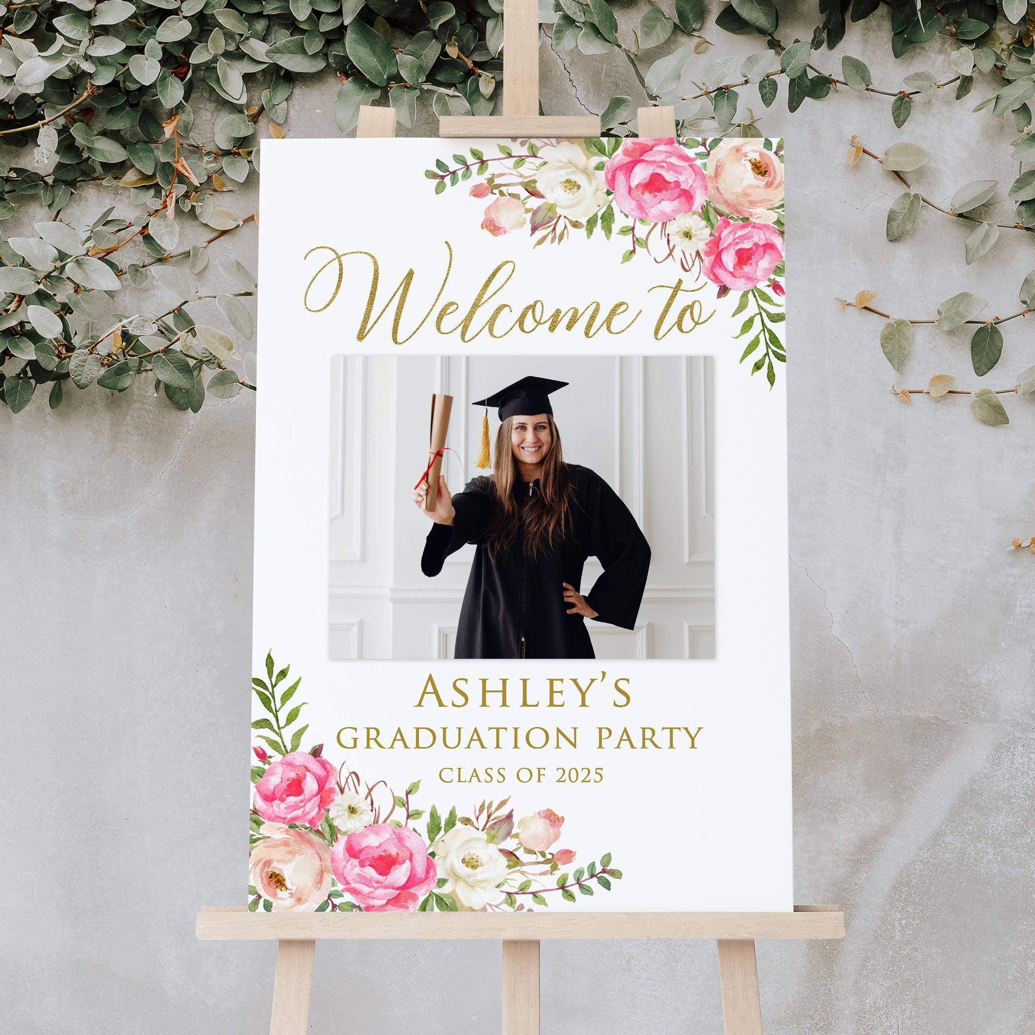 Printed or Digital Hot Pink Floral Graduation Welcome Sign, Photo Grad ...