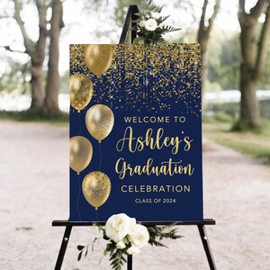 Navy Graduation Party Welcome Sign, Gold Confetti Graduation Sign, Gold ...