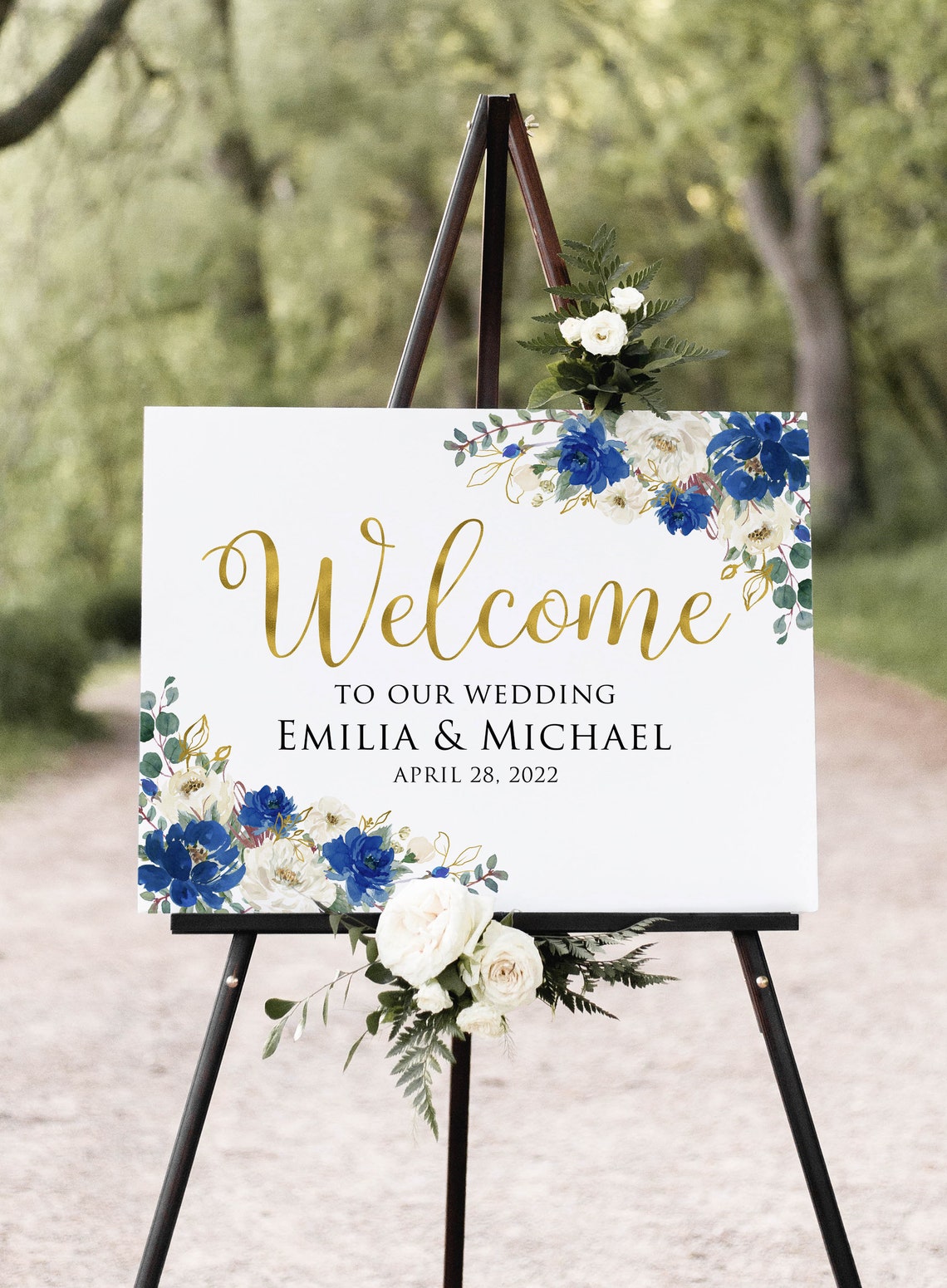 Blue Gold Wedding Welcome Sign Blue Floral Welcome Sign - Etsy