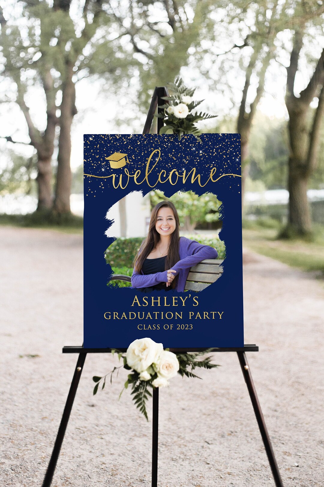 Navy Gold Graduation Welcome Sign, Photo Graduation Party Welcome Sign ...