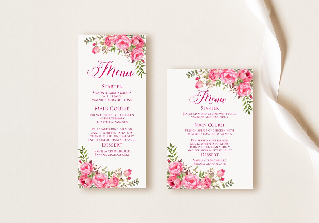 Hot Pink Menu Card, Birthday Menu Printable, Floral Wedding Menu, Pink ...