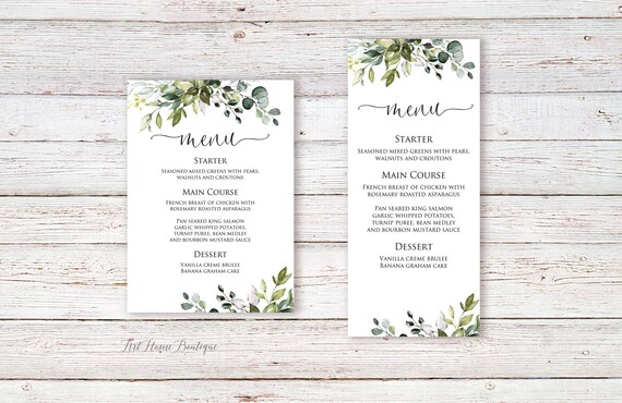 Greenery Menu Card Modern Menu Printable Botanical Menu - Etsy