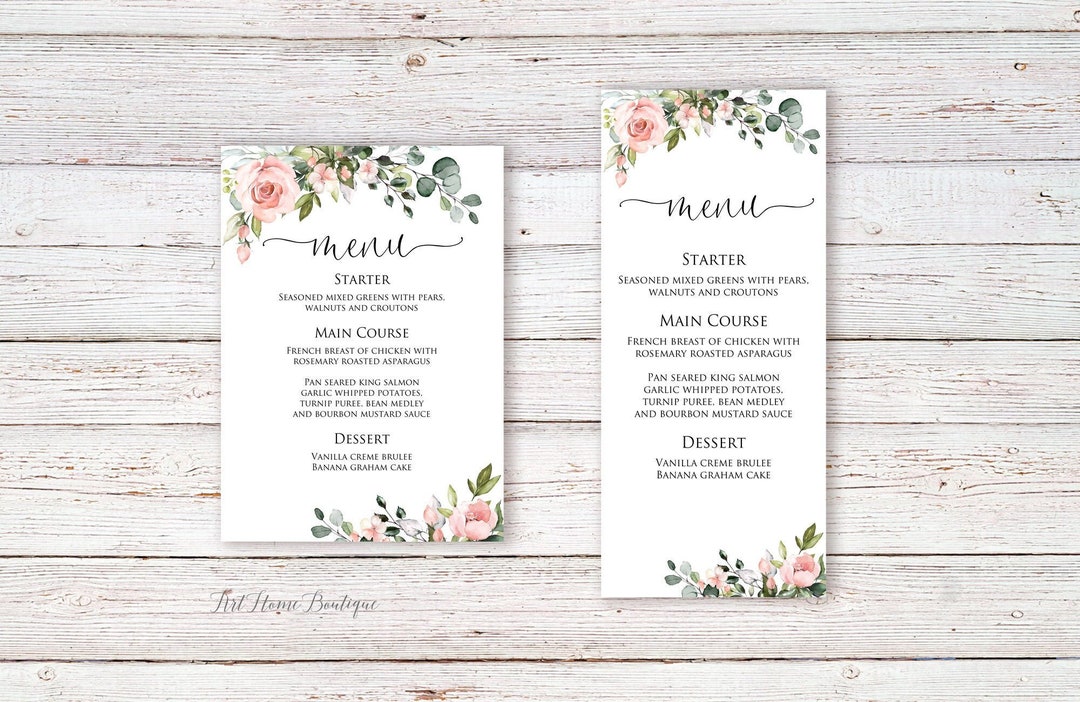 Blush Menu Card, Modern Menu Printable, Botanical Menu, Greenery Menu ...