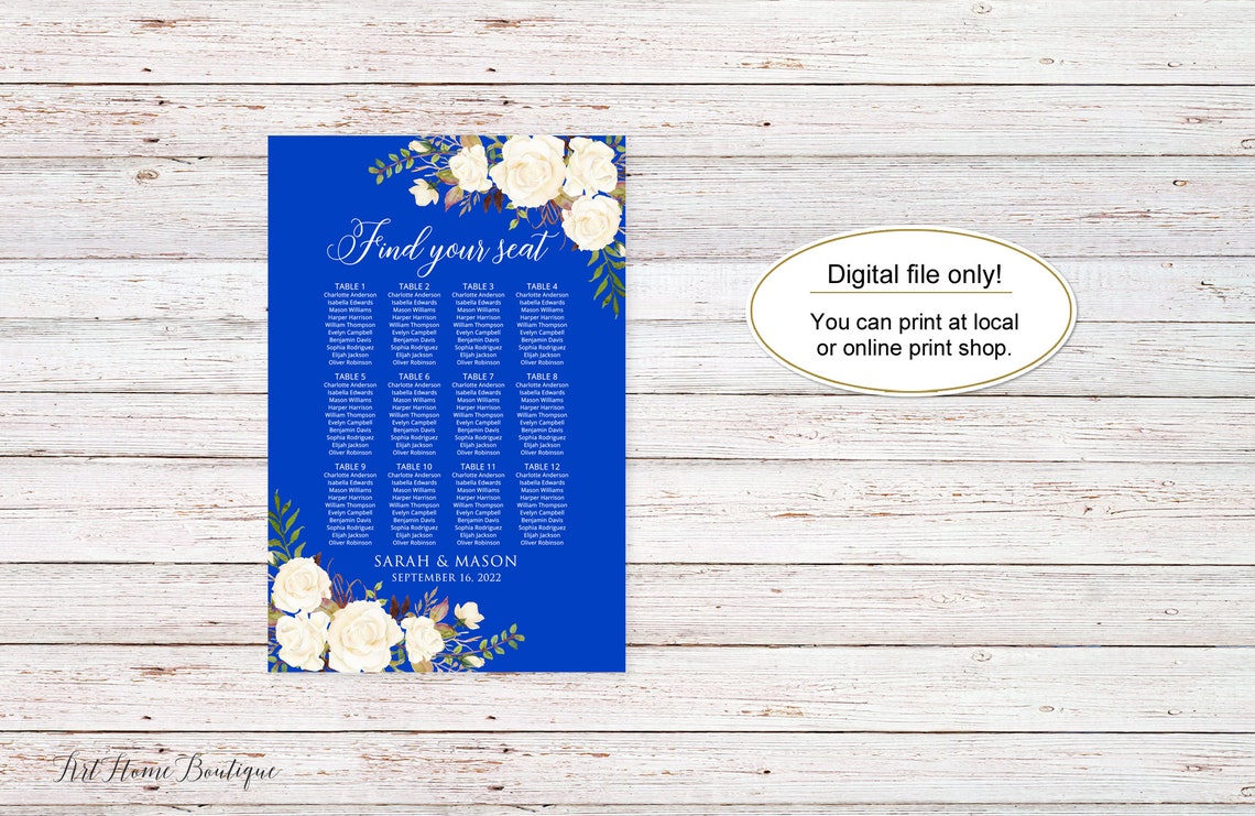 Royal Blue Wedding Seating Chart, Blue Seating Plan, Find Your Seat ...