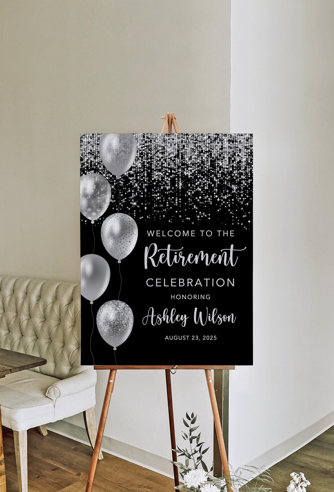Black and Silver Retirement Welcome Sign, Balloons Retirement Party ...