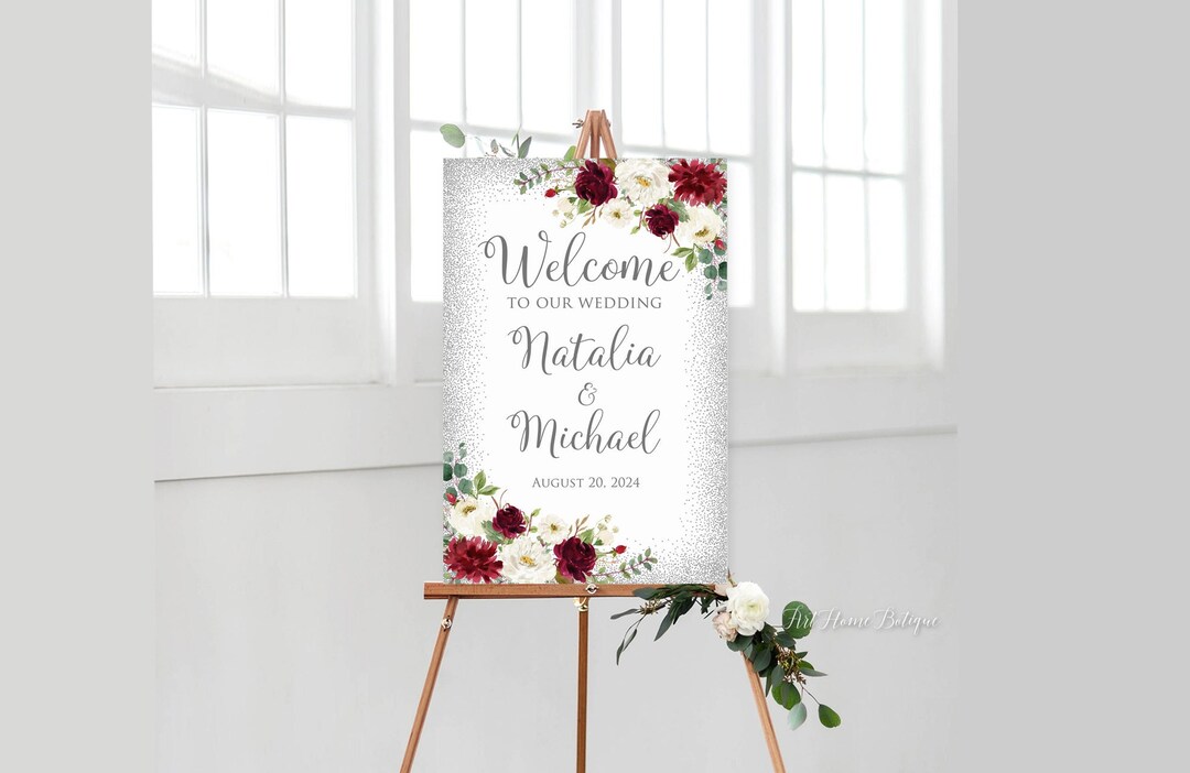 Burgundy Silver Wedding Welcome Sign, Burgundy Welcome Wedding Sign ...