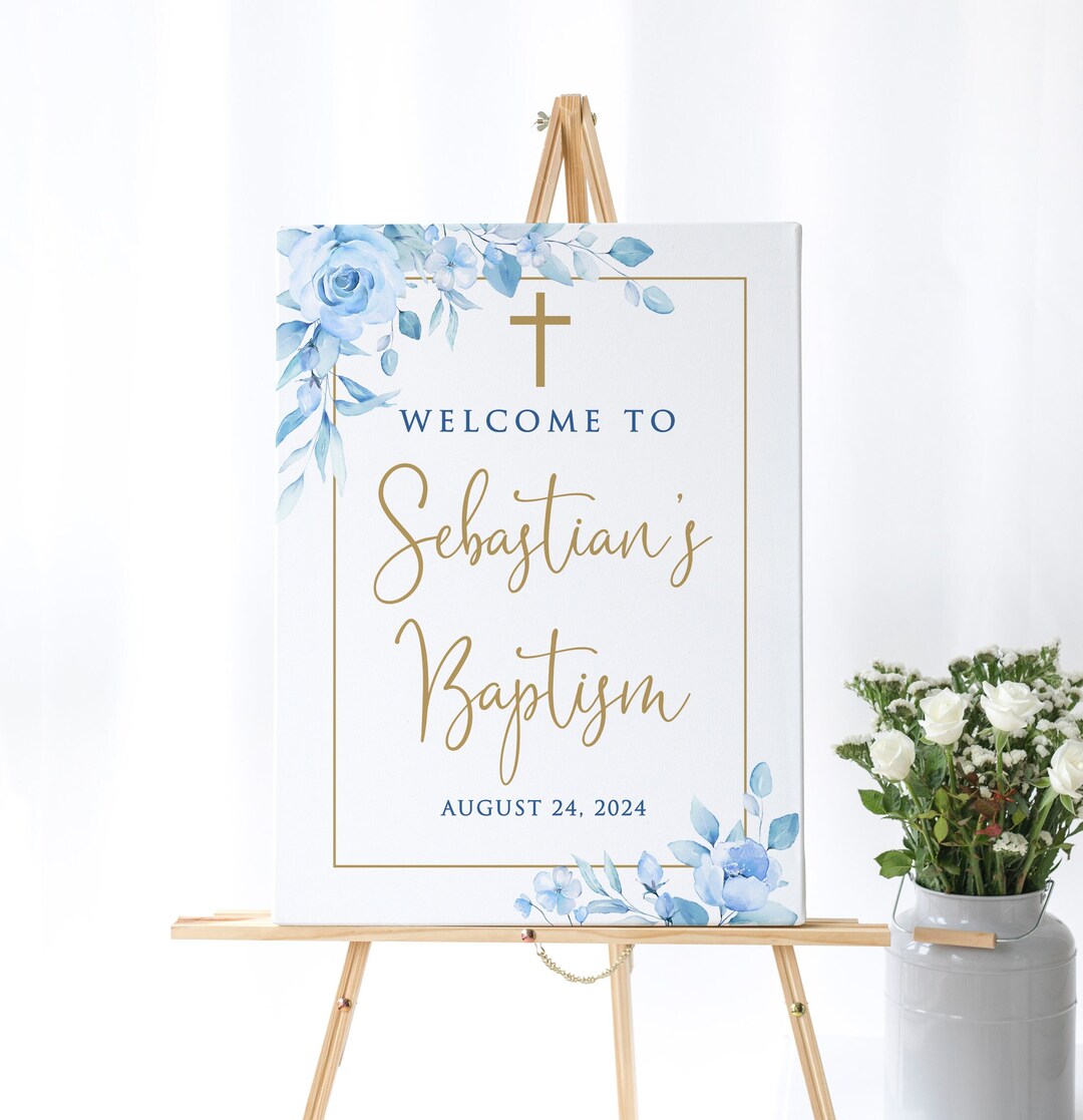 Blue Gold Baptism Welcome Sign, Light Blue Baptism Sign, First ...