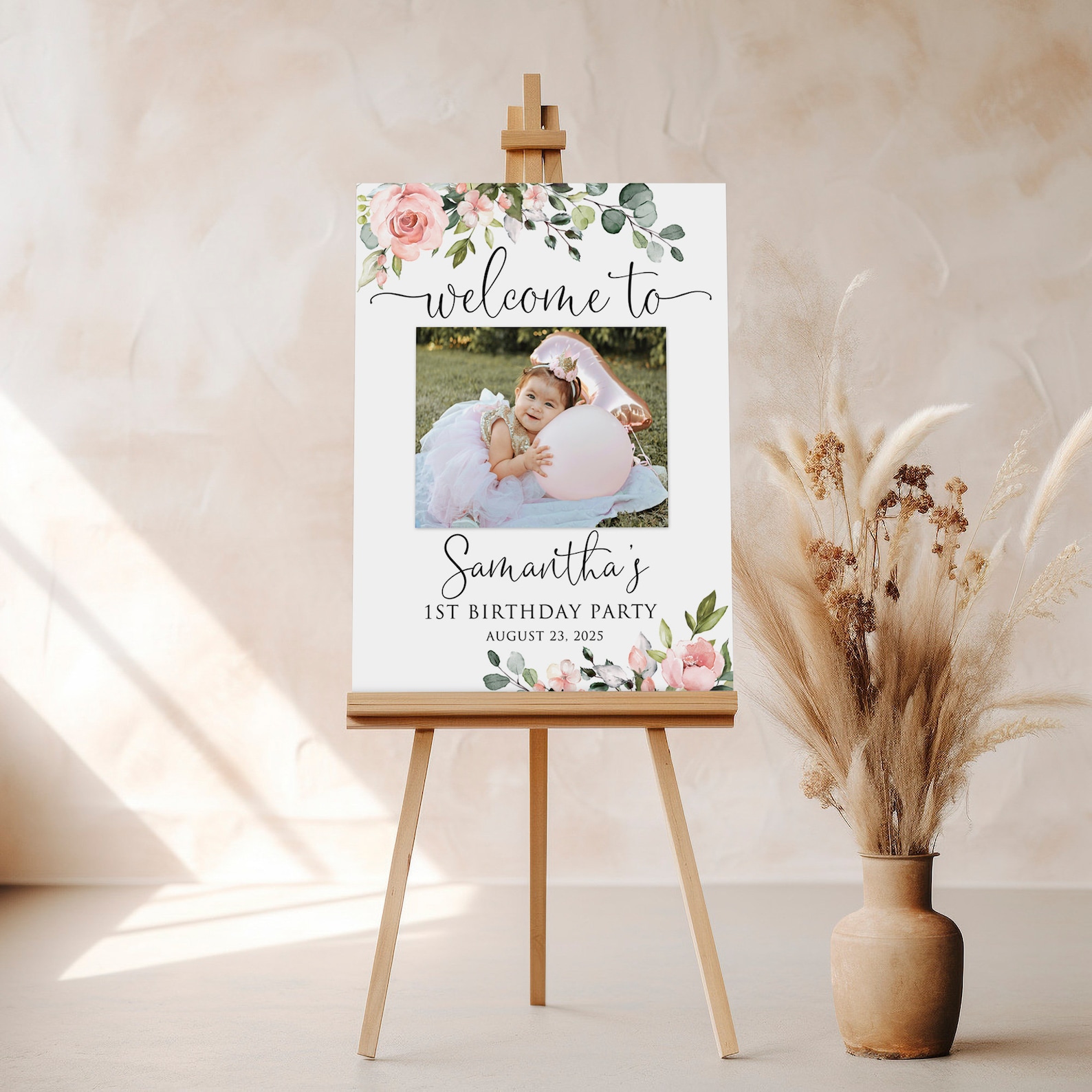 1st Birthday Welcome Sign With Photo, Pink Birthday Welcome Sign, First ...