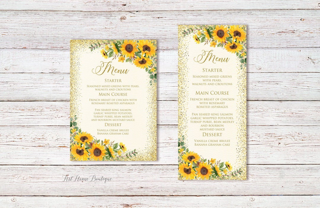 Sunflowers Menu Card, Birthday Menu Printable, Sunflower Wedding Menu ...