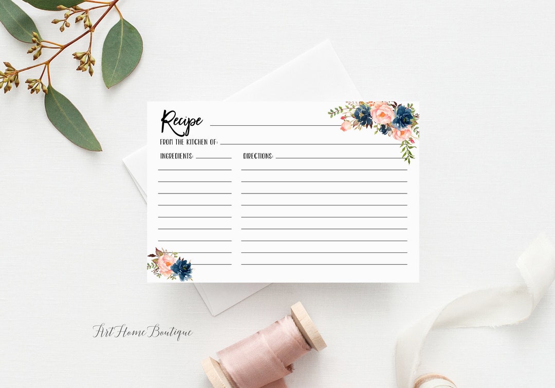 Navy Coral Recipe Card, Recipe Card Printable, Floral Bridal Shower ...