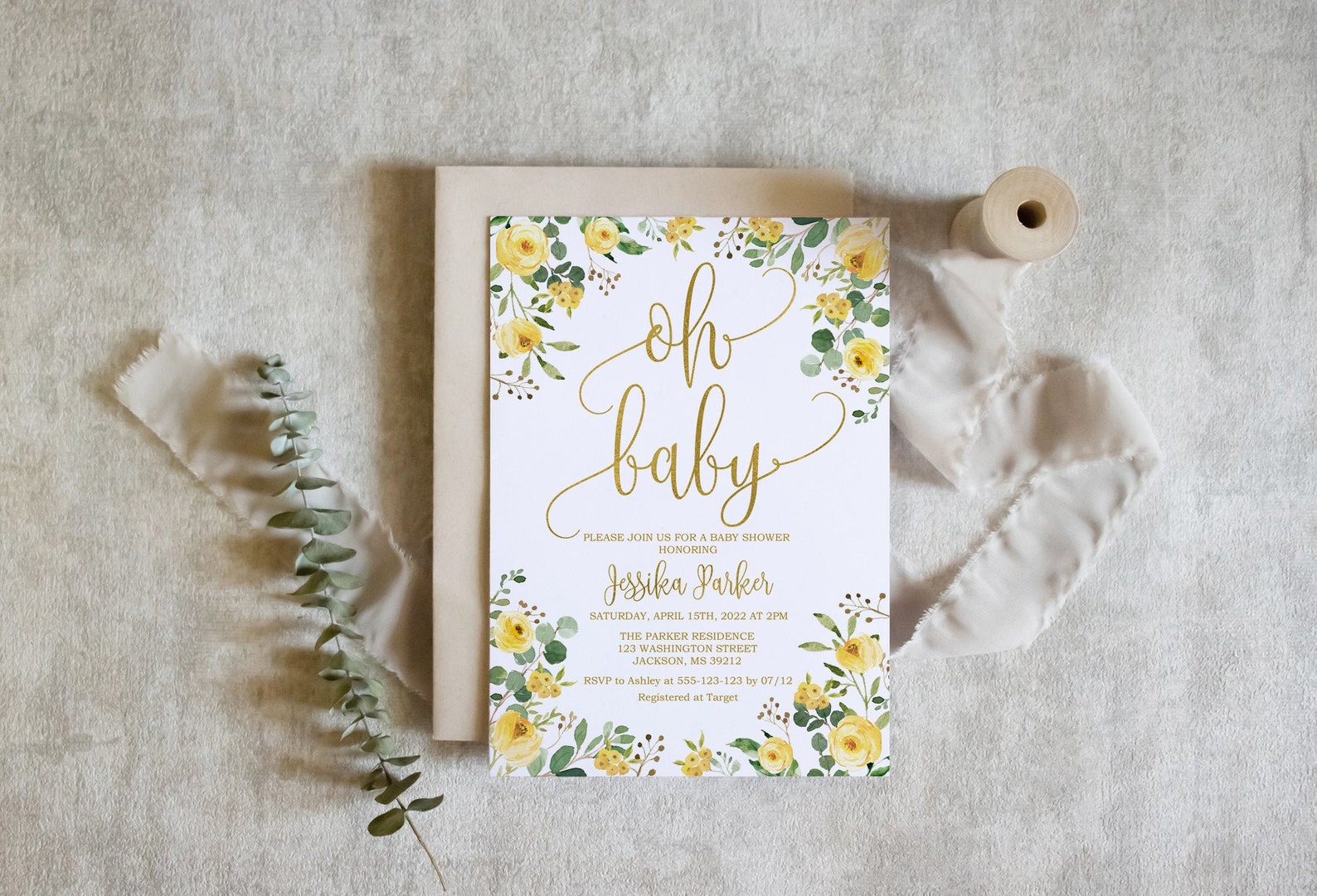 Yellow Baby Shower Invitation, Oh Baby Invitation, Greenery Baby Shower ...